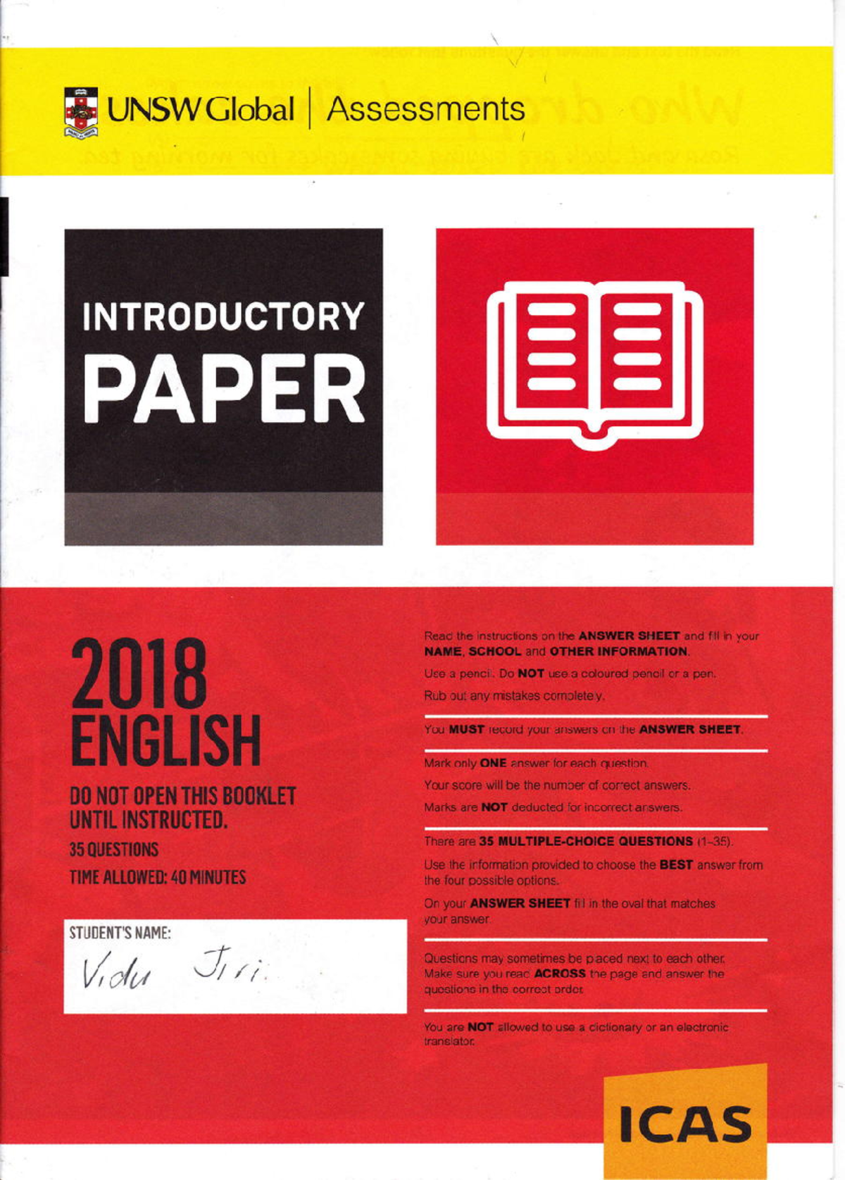 ICAS English Intro Paper 2018: Reading Comprehension & Questions - Studocu