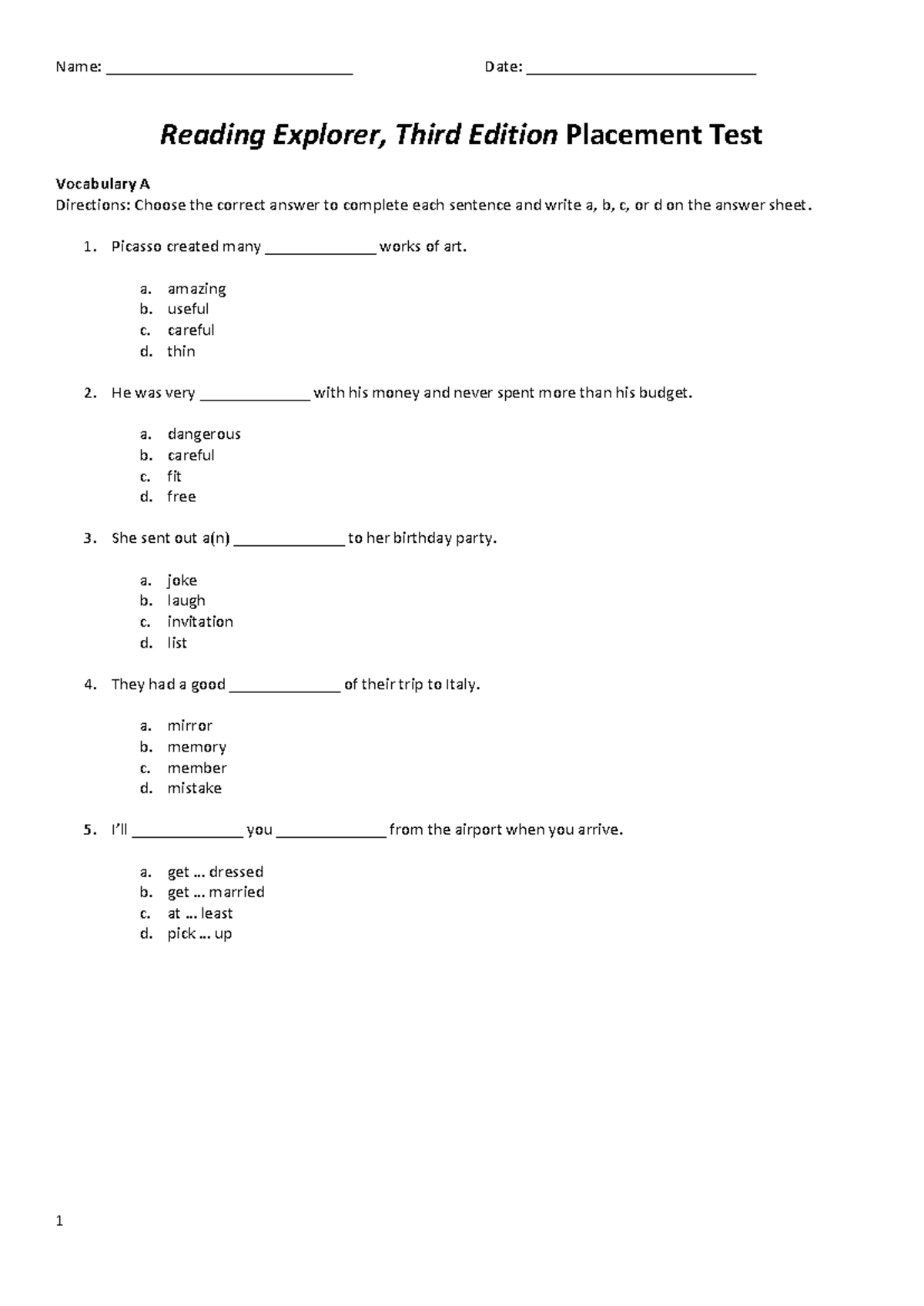 356863 RE3e L02 Full Placement Test: Vocabulary & Reading Comprehension ...