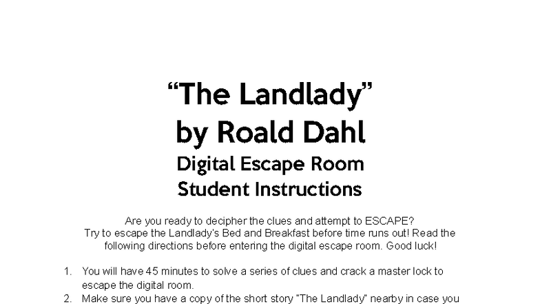 The Landlady - Digital Escape Room Instructions for Students - Studocu