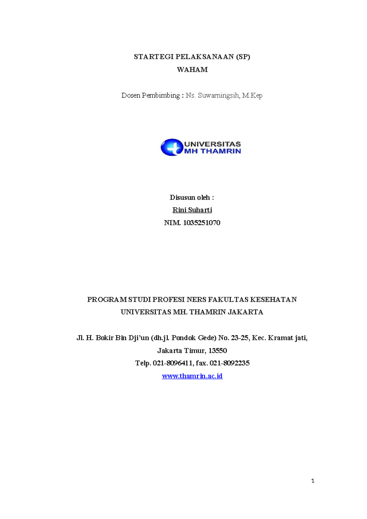 Laporan Pendahuluan SP Waham: Strategi Pelaksanaan Tindakan Keperawatan ...