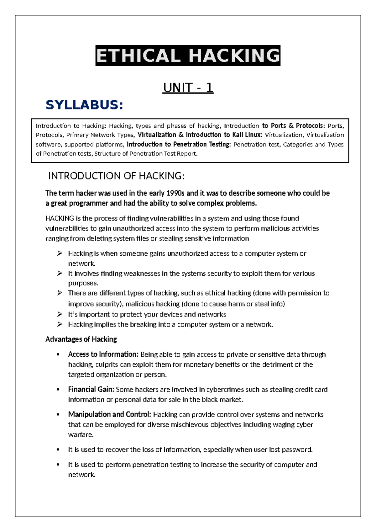 ETHICAL HACKING UNIT 1 SYLLABUS: Types, Phases, and Techniques ...