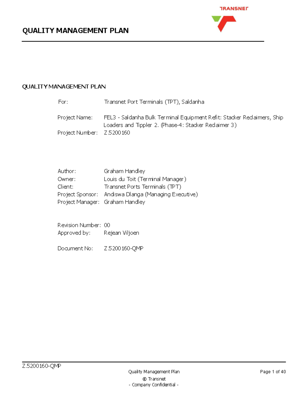 Quality Management Plan for Z.5200160 Saldanha Bulk Terminal - Studocu