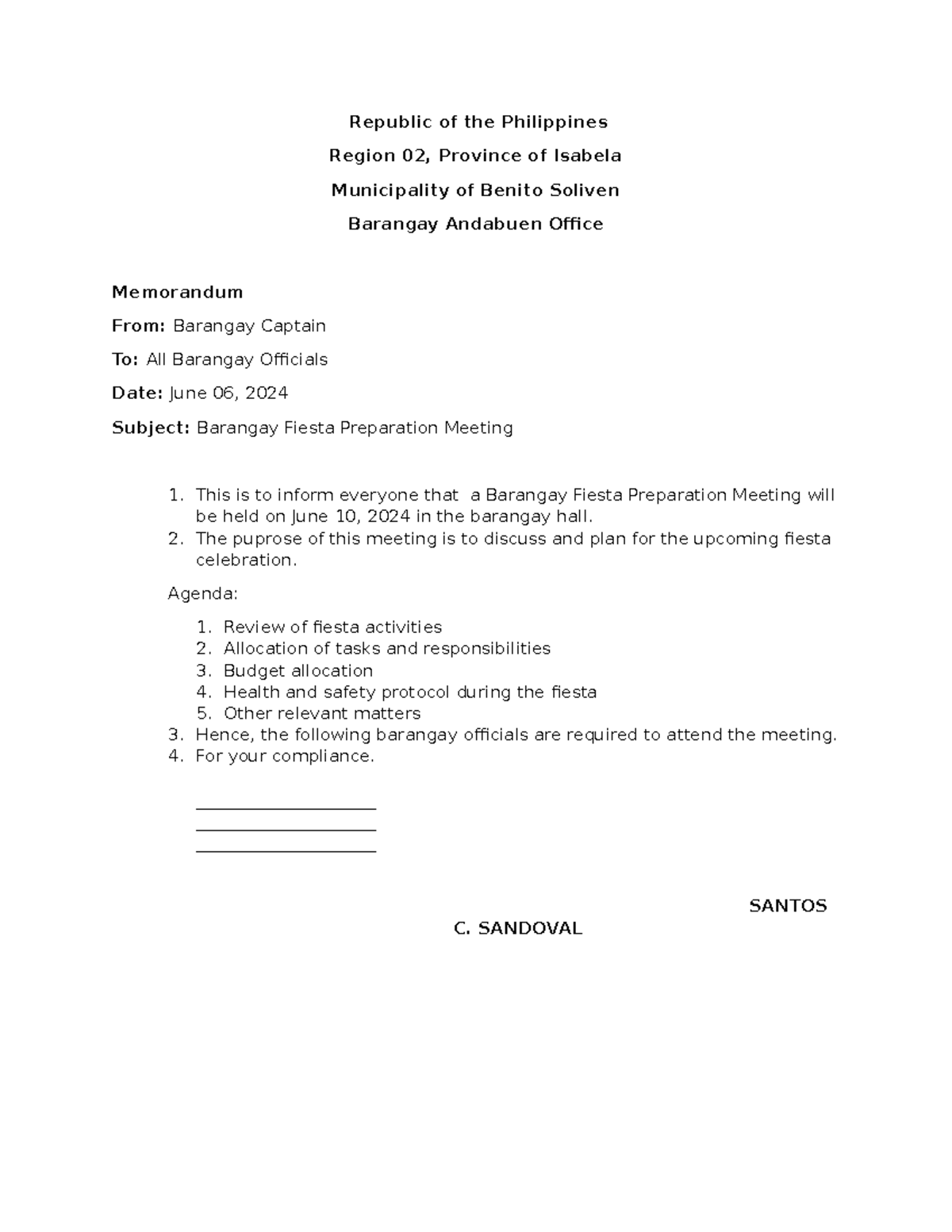Barangay Fiesta Prep Meeting Memo - June 10, 2024 - Studocu