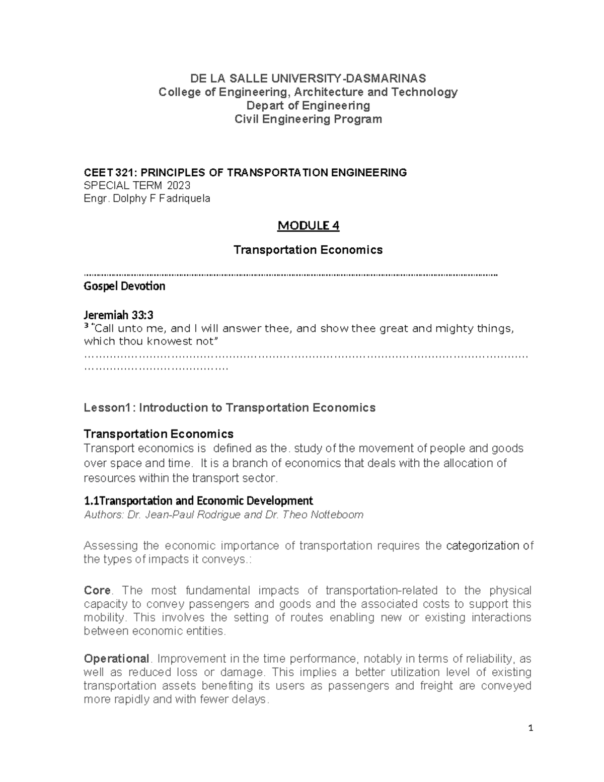 CEET 321: Module 4 - Transportation Economics Overview and Analysis ...