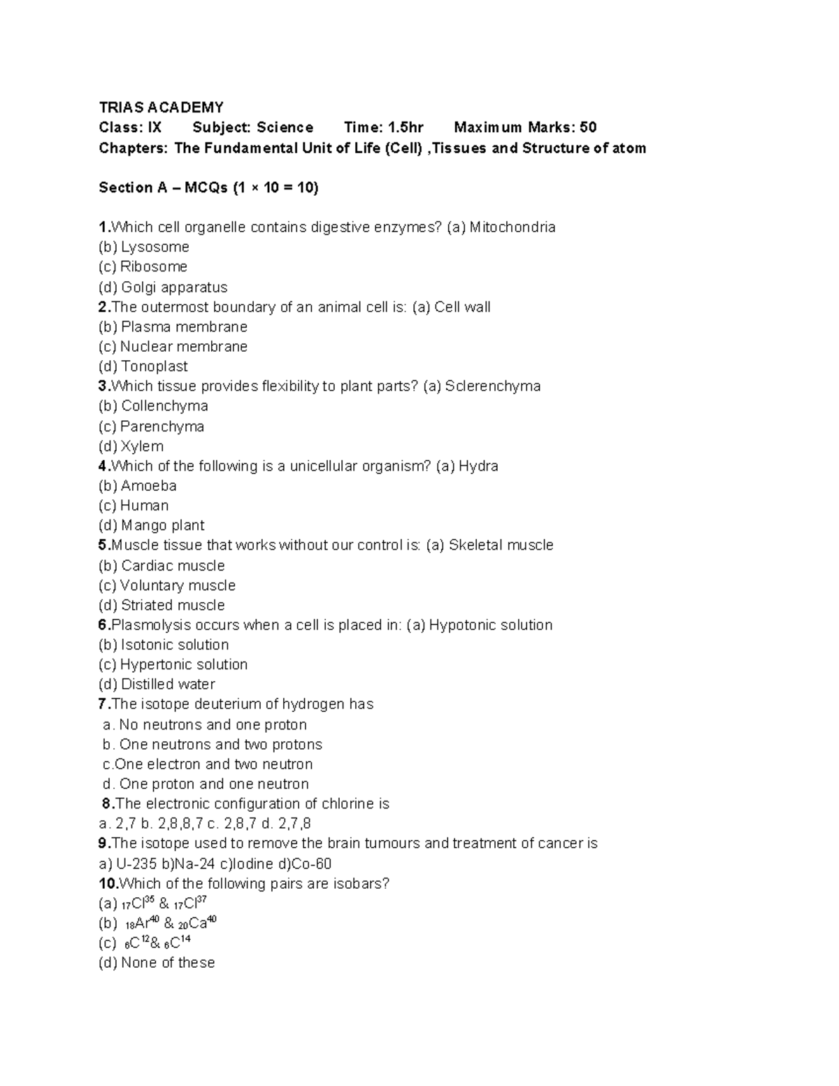 TRIAS ACADEMY IX Science Practice MCQs on Cells & Atoms - Studocu