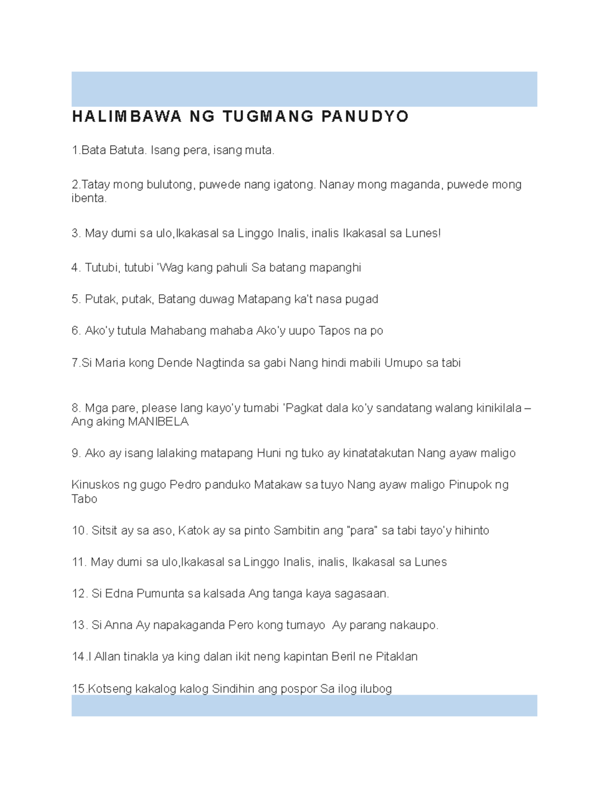 Halimbawa NG Tugmang Panudyo - HAL IMBAWA N G TU GMANG PANUD YO 1 ...