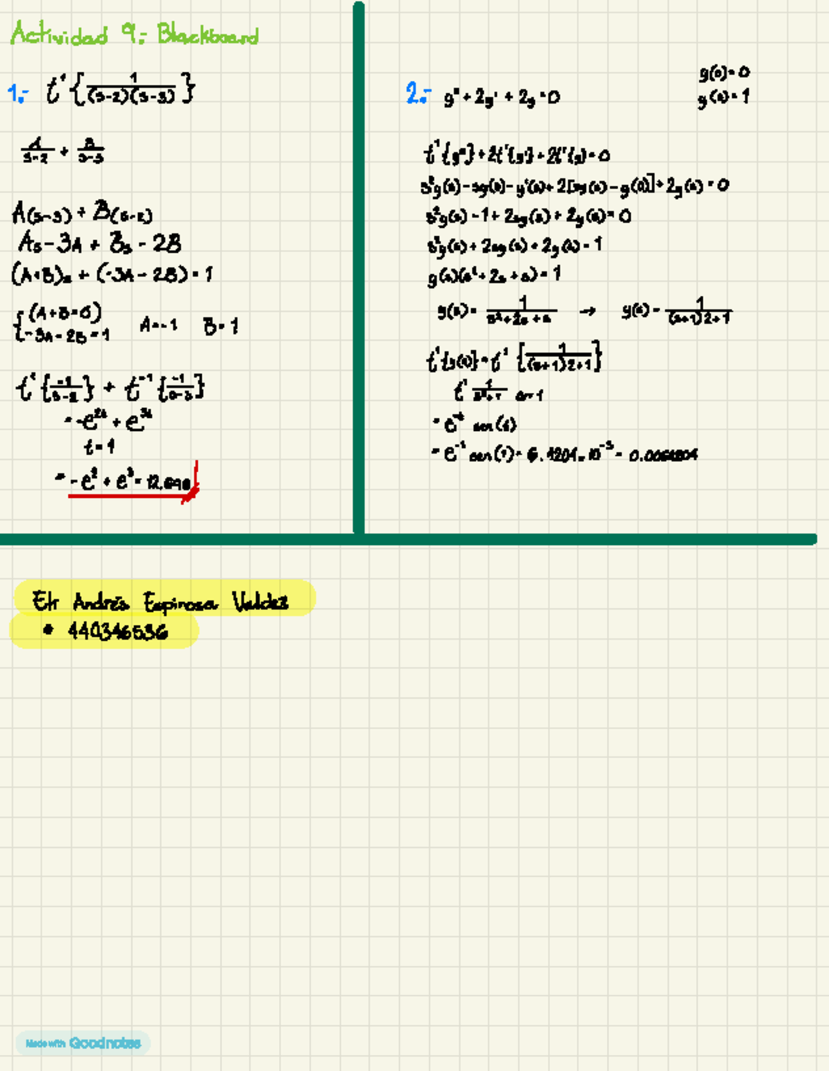 A#9 EAEV - Tarea - Actividad 9 : Blackboard y(0) = 0 1. t[ (s- 2) [s- 3 ...