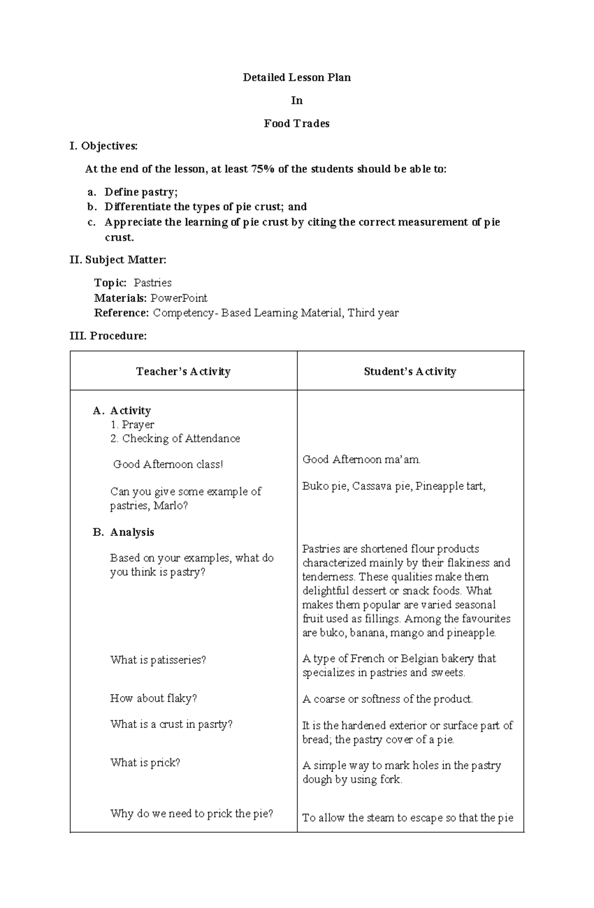 Detailed Lesson Plan - Detailed Lesson Plan In Food Trades I ...
