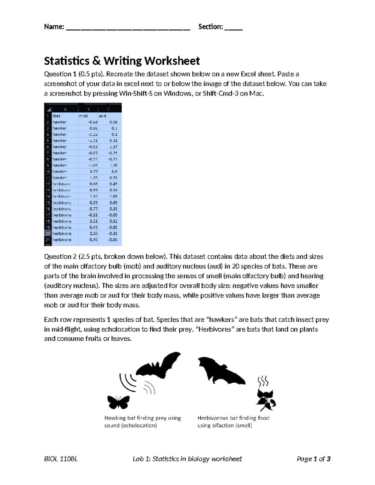 BIOL 1108L Lab 01: Statistics Worksheet on Bat Brain Size and Diet ...