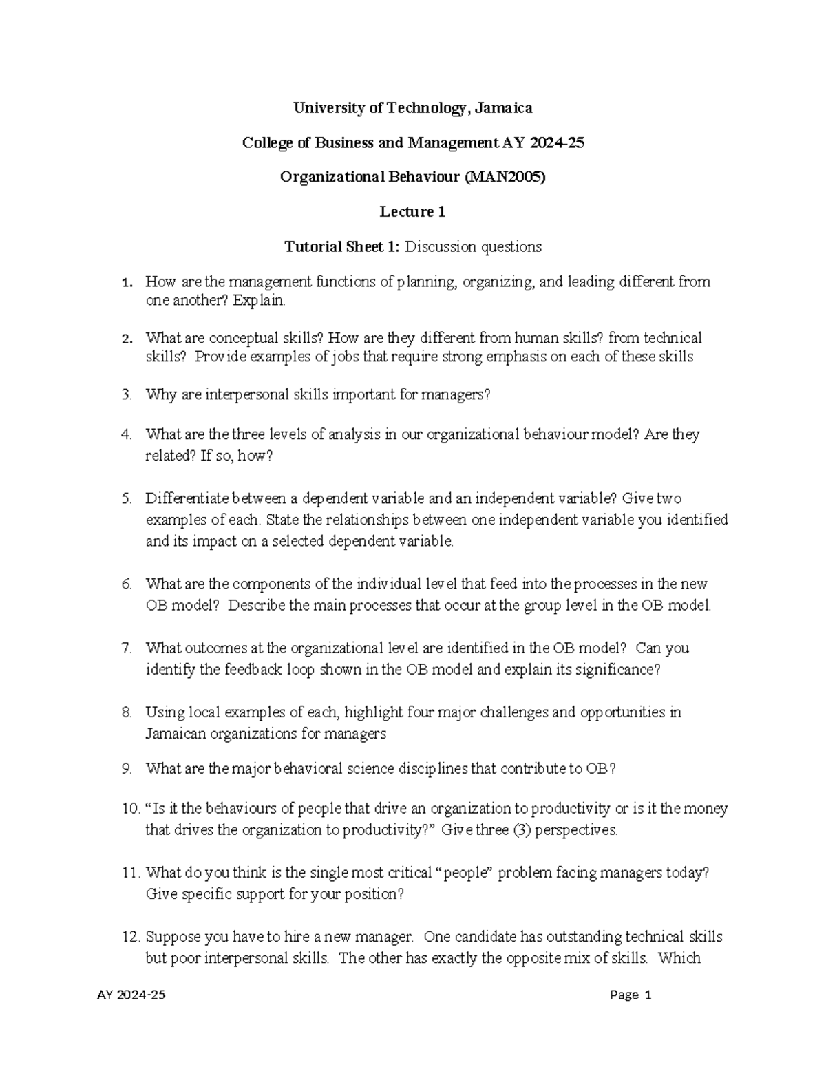 Organizational Behaviour (MAN2005) Tutorial Sheet 1: Key Discussion ...