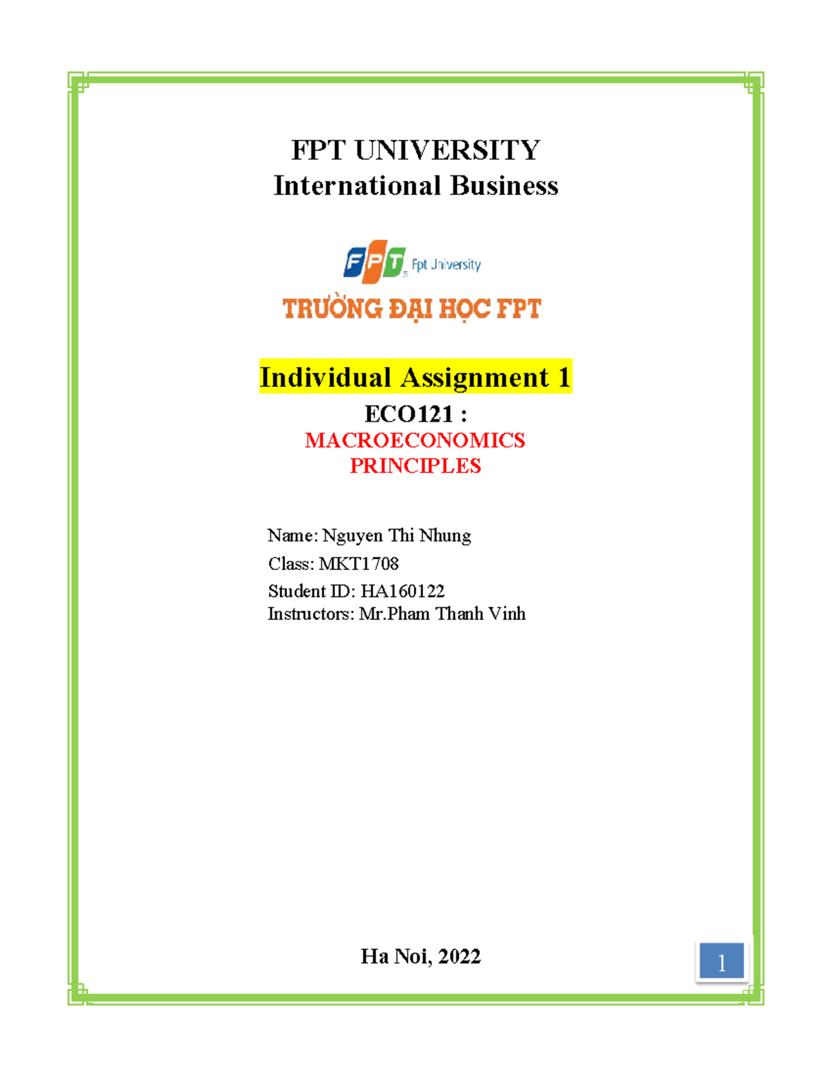 Nhung indi eco - Bài tập - FPT UNIVERSITY International Business ...