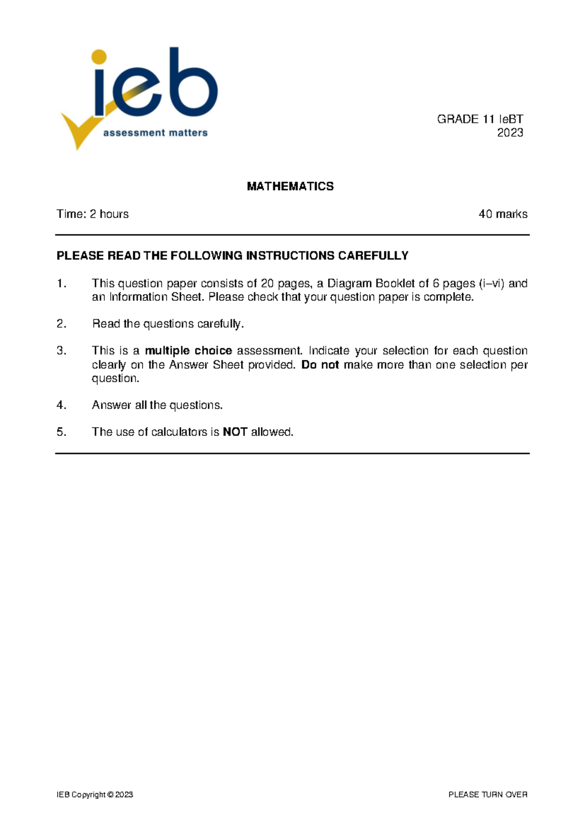 Grade 11 IeBT Mathematics Final Exam Paper 2023 - Studocu