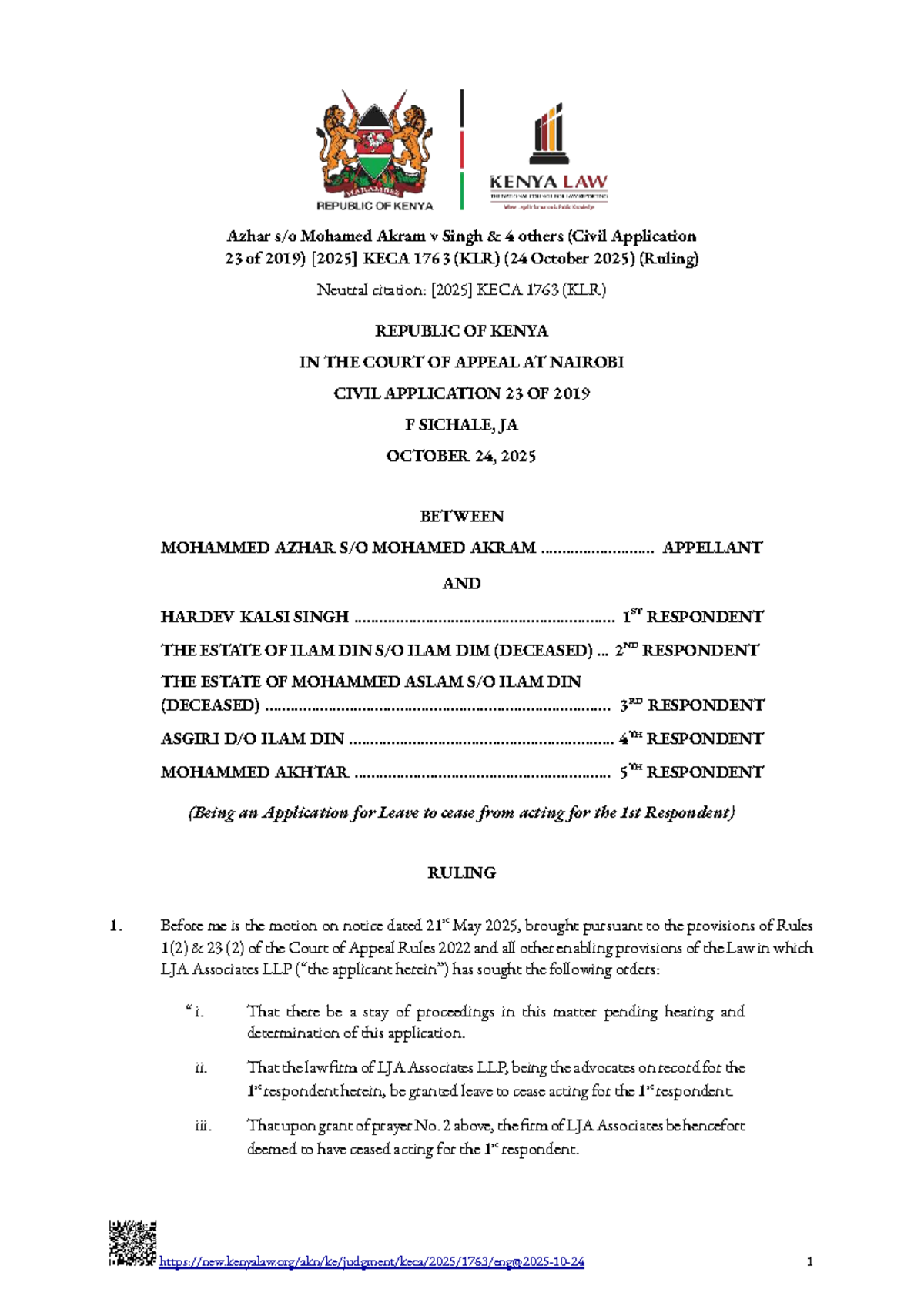 Azhar Mohamed Akram v Singh & Others (Civil App 23/2019) Ruling - Studocu