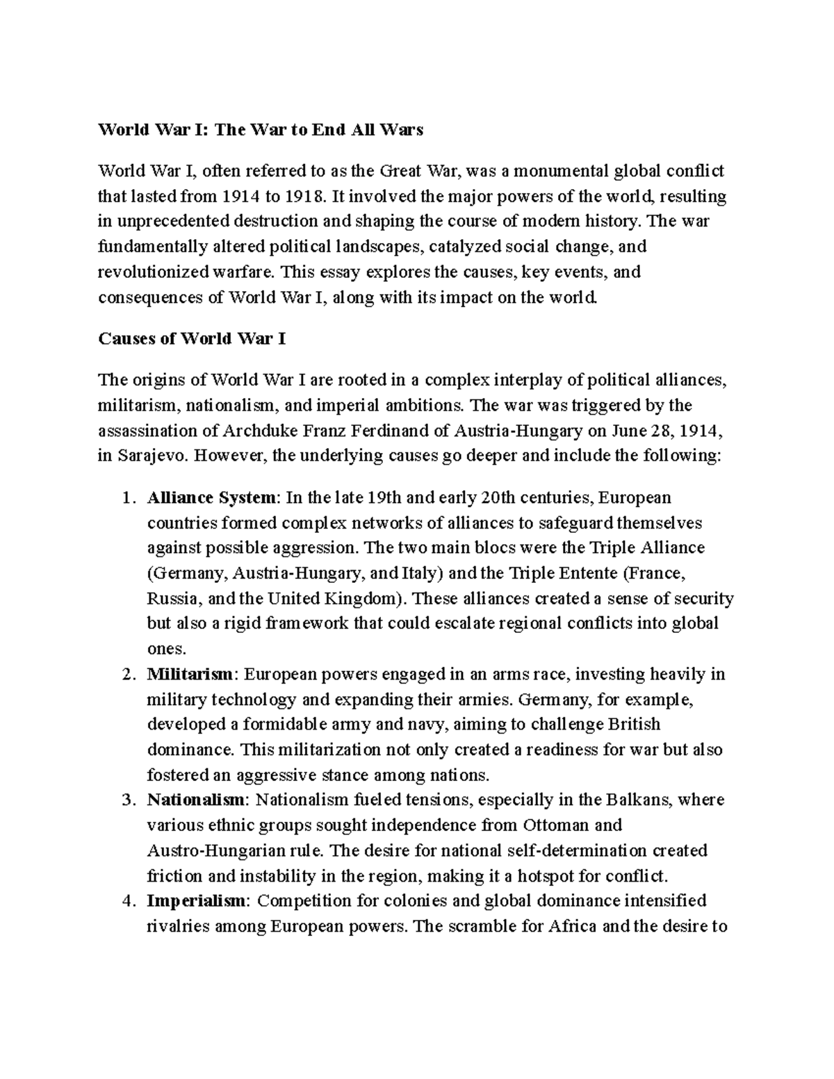 World War I Essay: Causes, Events, and Lasting Impacts - Studocu