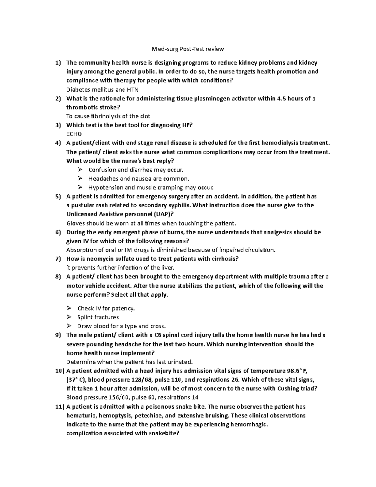 Med Surg Post-Test Review: Key Focus Areas for Nursing Exams - Studocu
