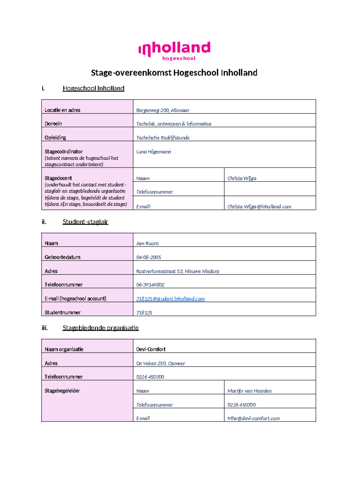 Stageovereenkomst Technische Bedrijfskunde Inholland 2324 NL - Studeersnel