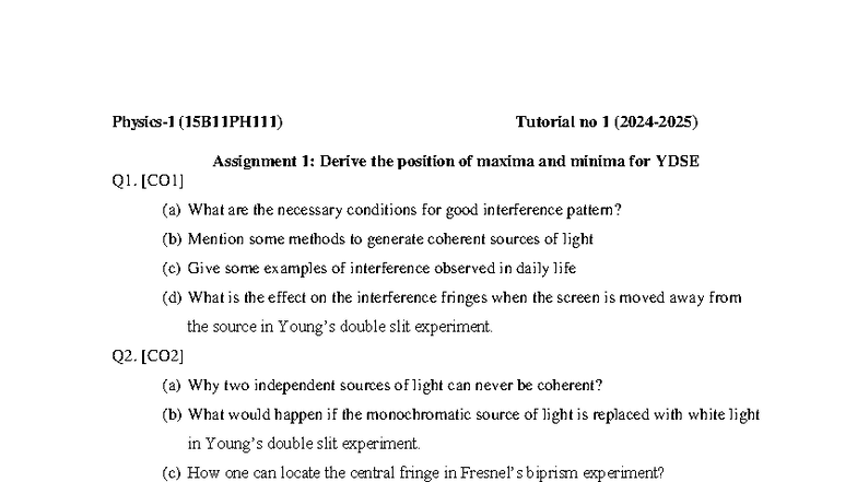 Tutorial 1 Assignment 1: Maxima and Minima in YDSE (15BITPHITT) - Studocu