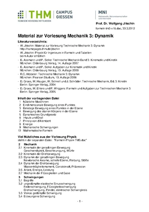 Formelsammlung Technische Mechanik 3 - Hochschule Formelsammlung TM3 Skript Prof. Dr. Wandinger ...