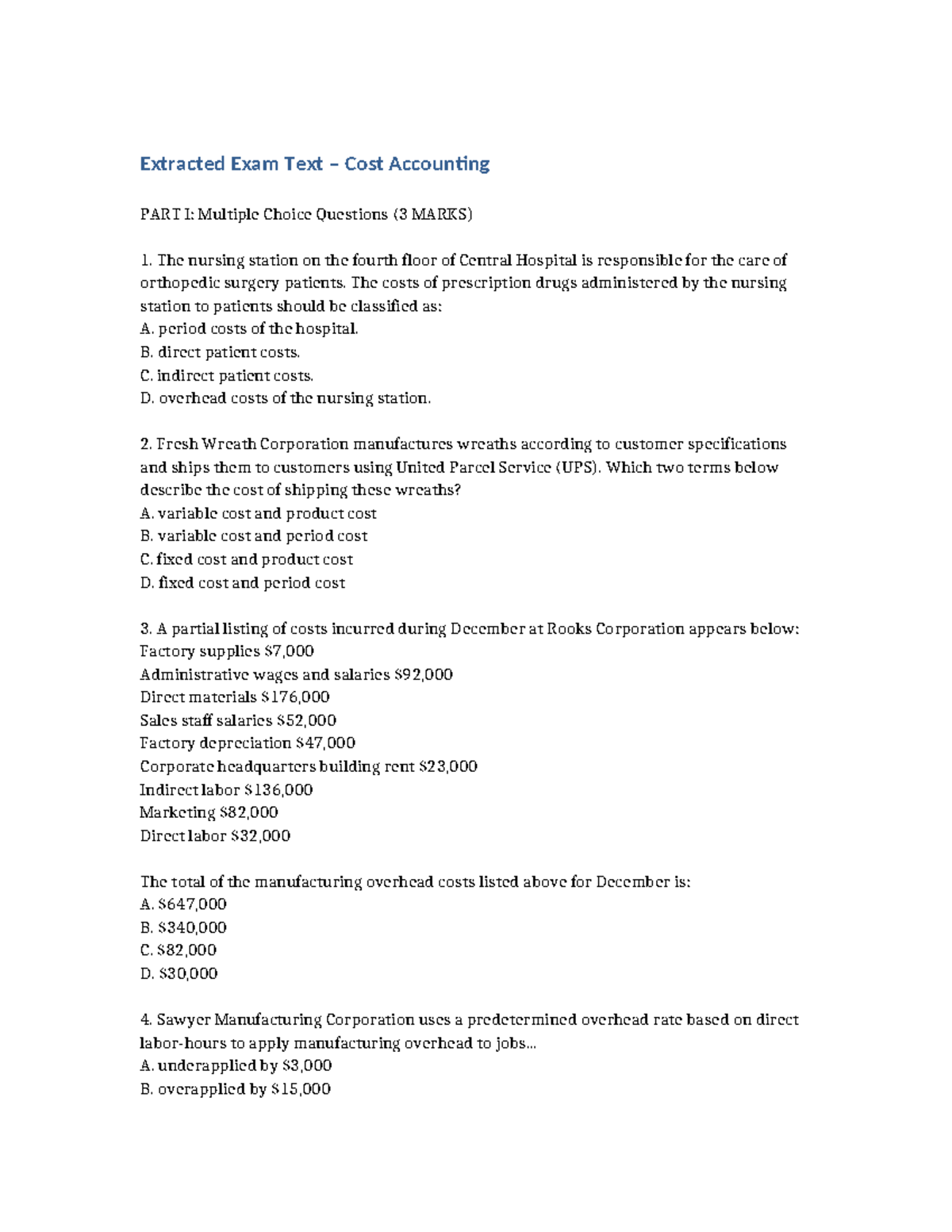 Cost Accounting Exam Extract: MCQs & Short Answers (Part I & II) - Studocu