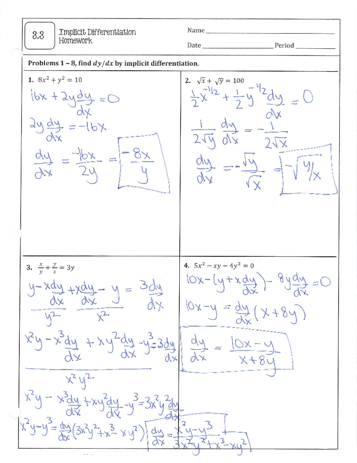 Unit 3: Implicit Differentiation Homework KEY - Studocu