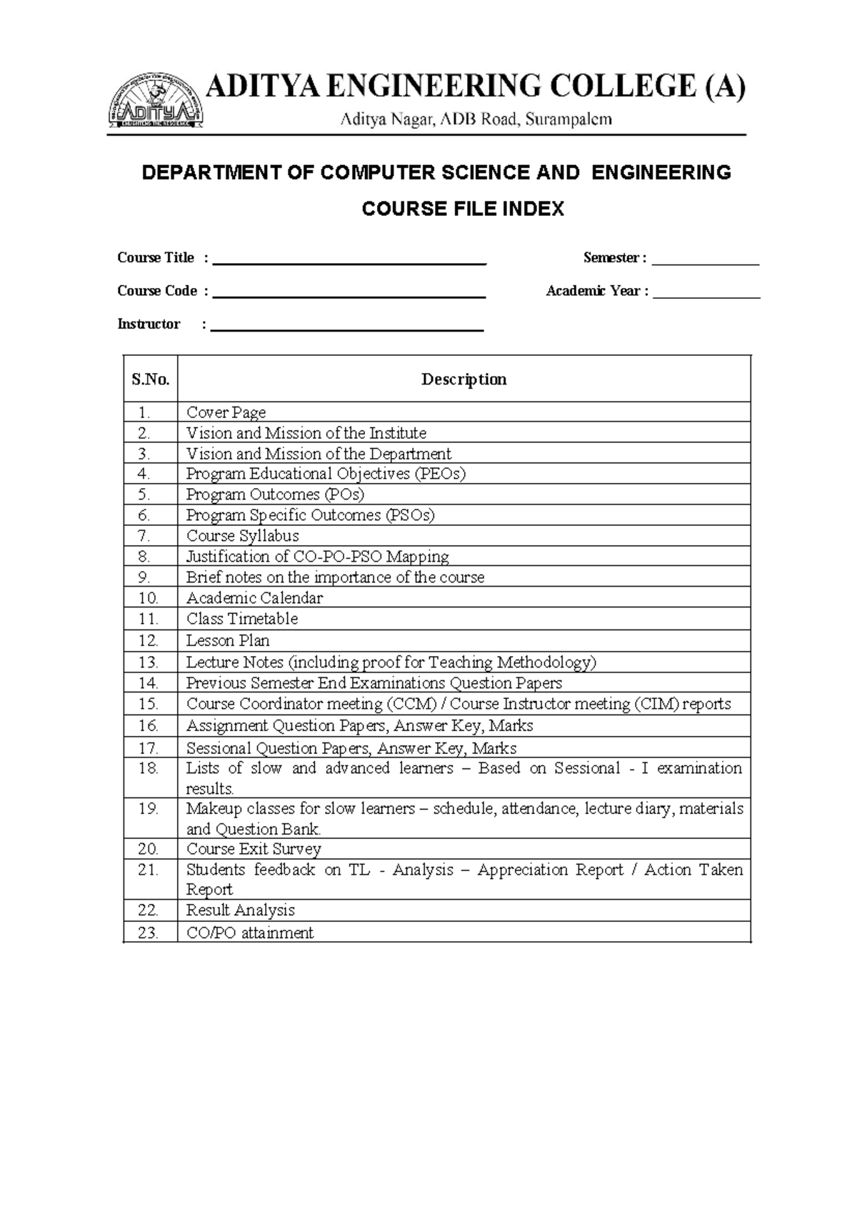 CSE Course File Index A.Y. 2023-24: Comprehensive Overview - Studocu