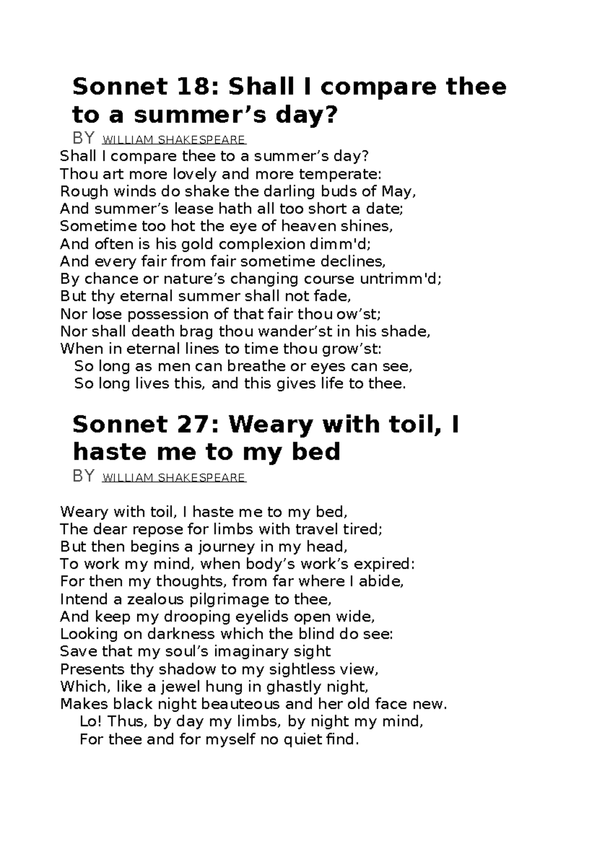 5h6v Analysis Of Shakespeare S Sonnets 18 27 And 130 Studocu