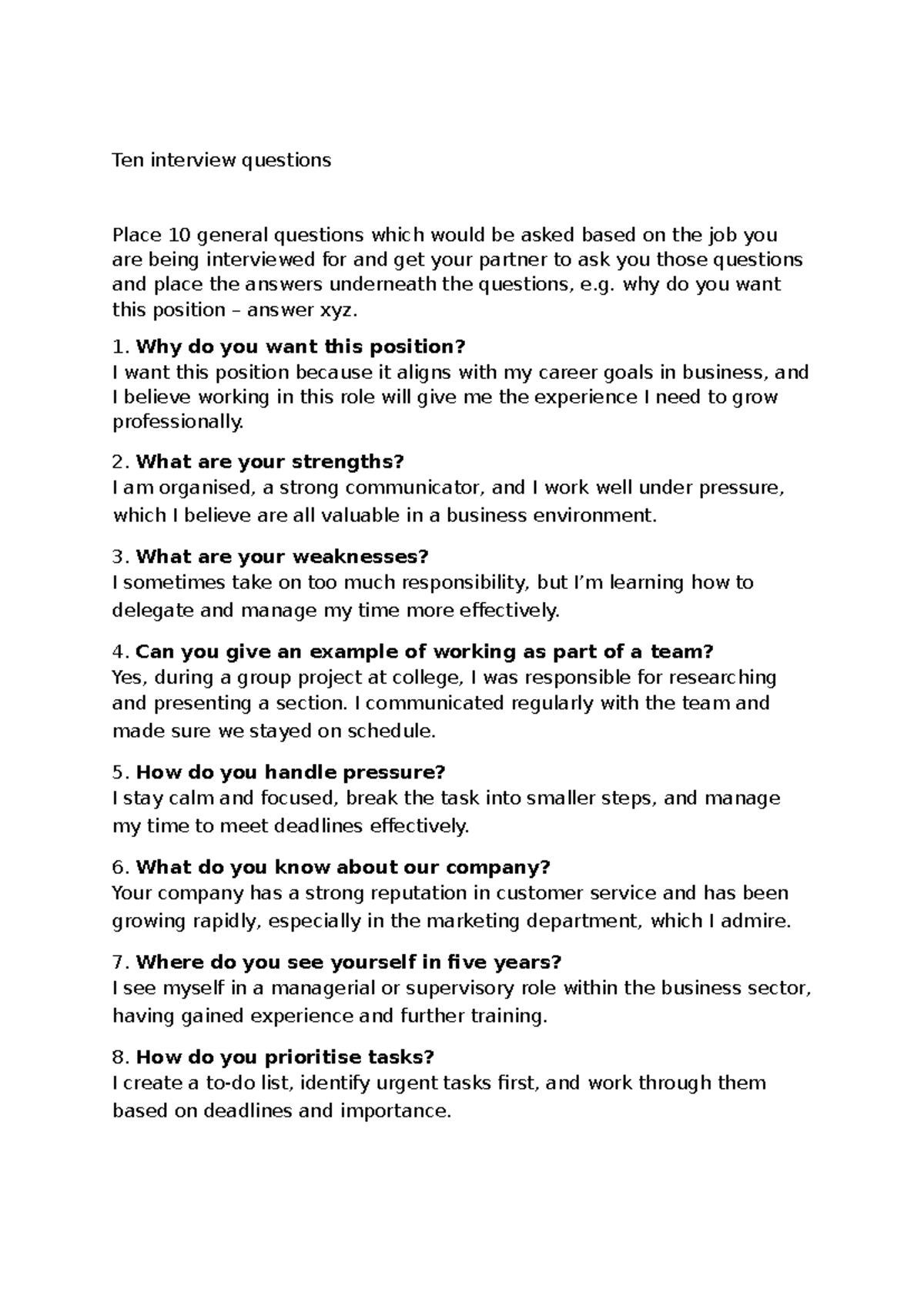 10 Interview Questions for Marketing Assistant Position (MKT101) - Studocu