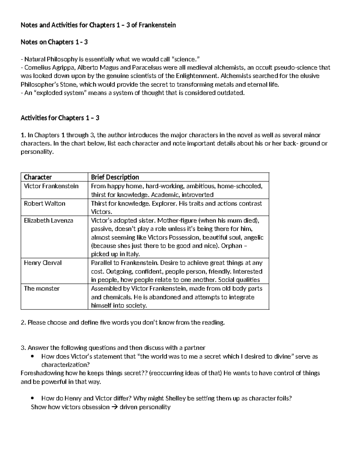 Frankenstein CH 1-3 Notes & Activities: Key Characters & Themes - Studocu