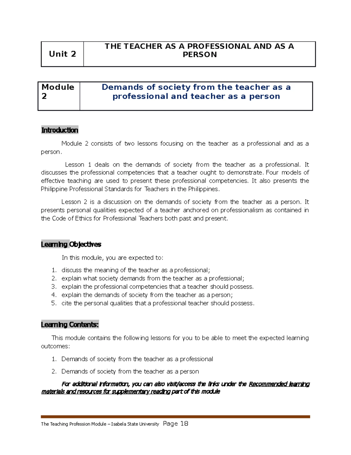The Teaching Profession Module 3 - Unit 3 THE CODE OF ETHICS FOR ...