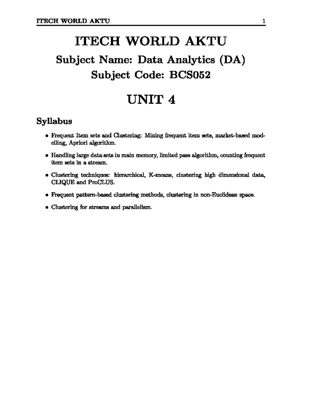 Chapter 4: Data Analytics - Frequent Item Sets & Clustering (BCS052 ...