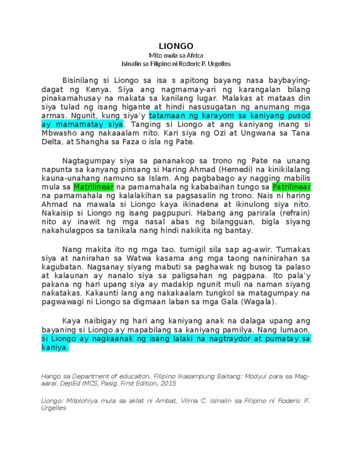 Liongo - ... - LIONGO Mito mula sa Africa Isinalin sa Filipino ni ...