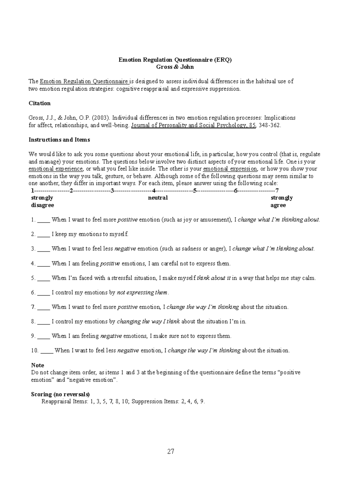 Emotion Regulation Questionnaire (ERQ) Instructions and Items - Studocu