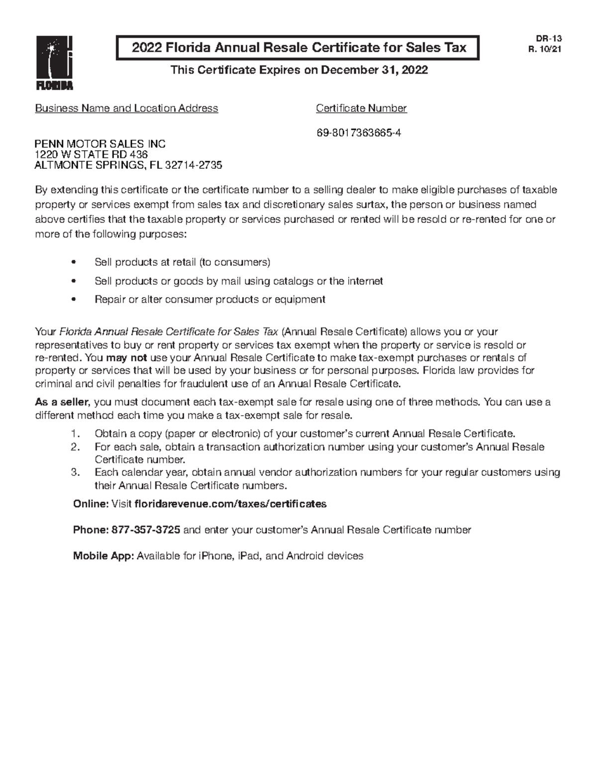 2022 Florida Annual Resale Certificate for Sales Tax (DR 13) - Studocu