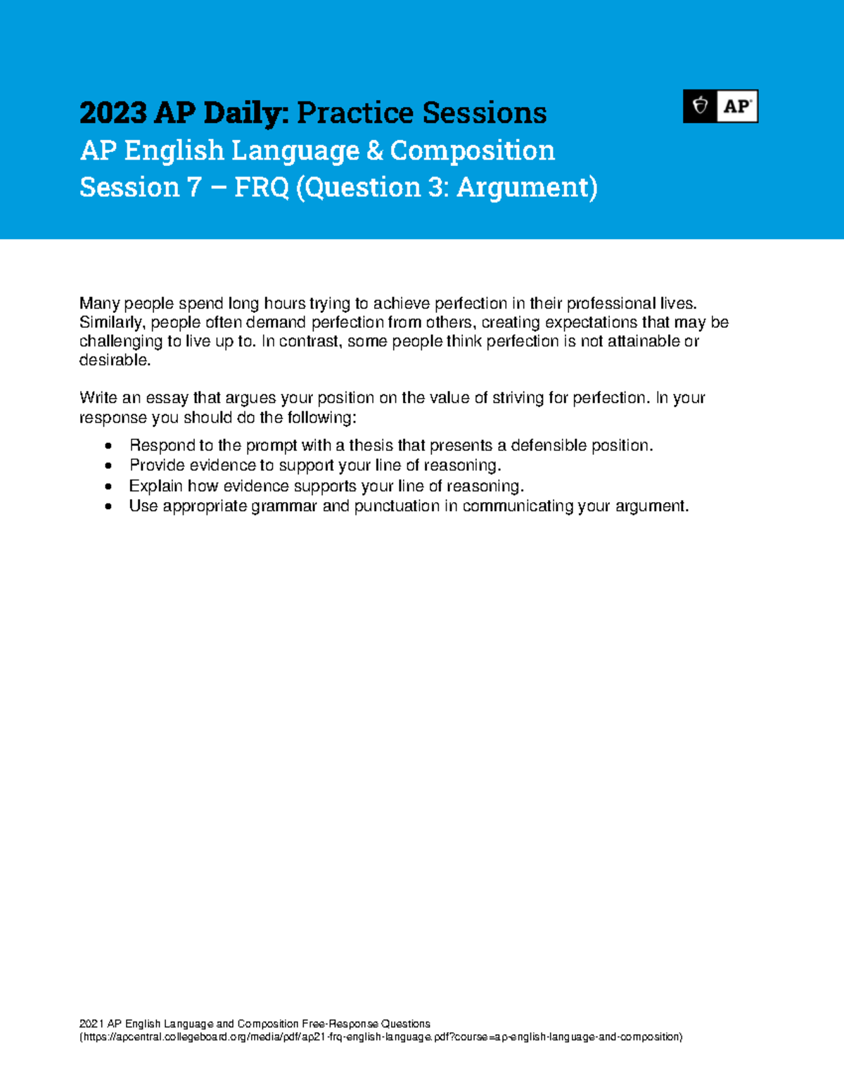 AP English Lang Comp 2023: Session 7 FRQ Practice on Perfection - Studocu