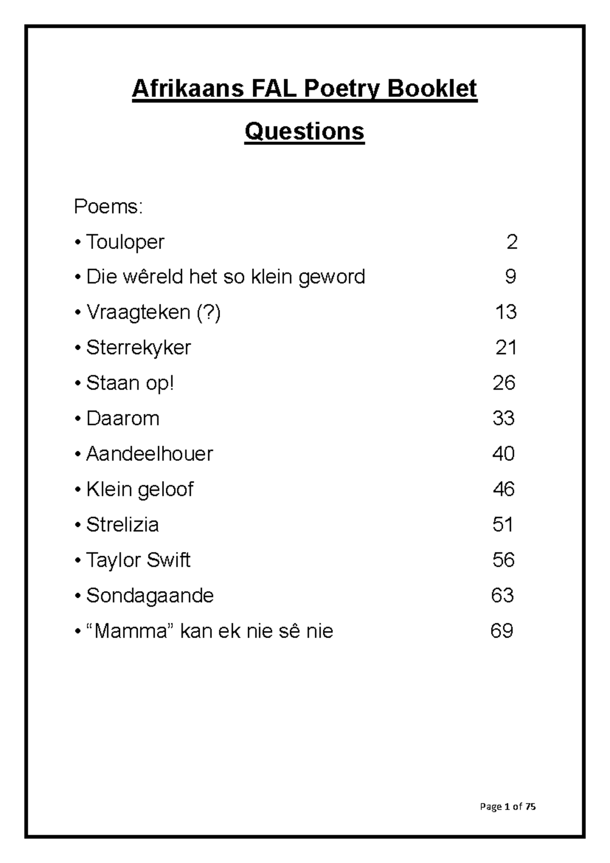 IEB Afrikaans FAL Poetry Booklet Questions & Analysis 2023 - Studocu