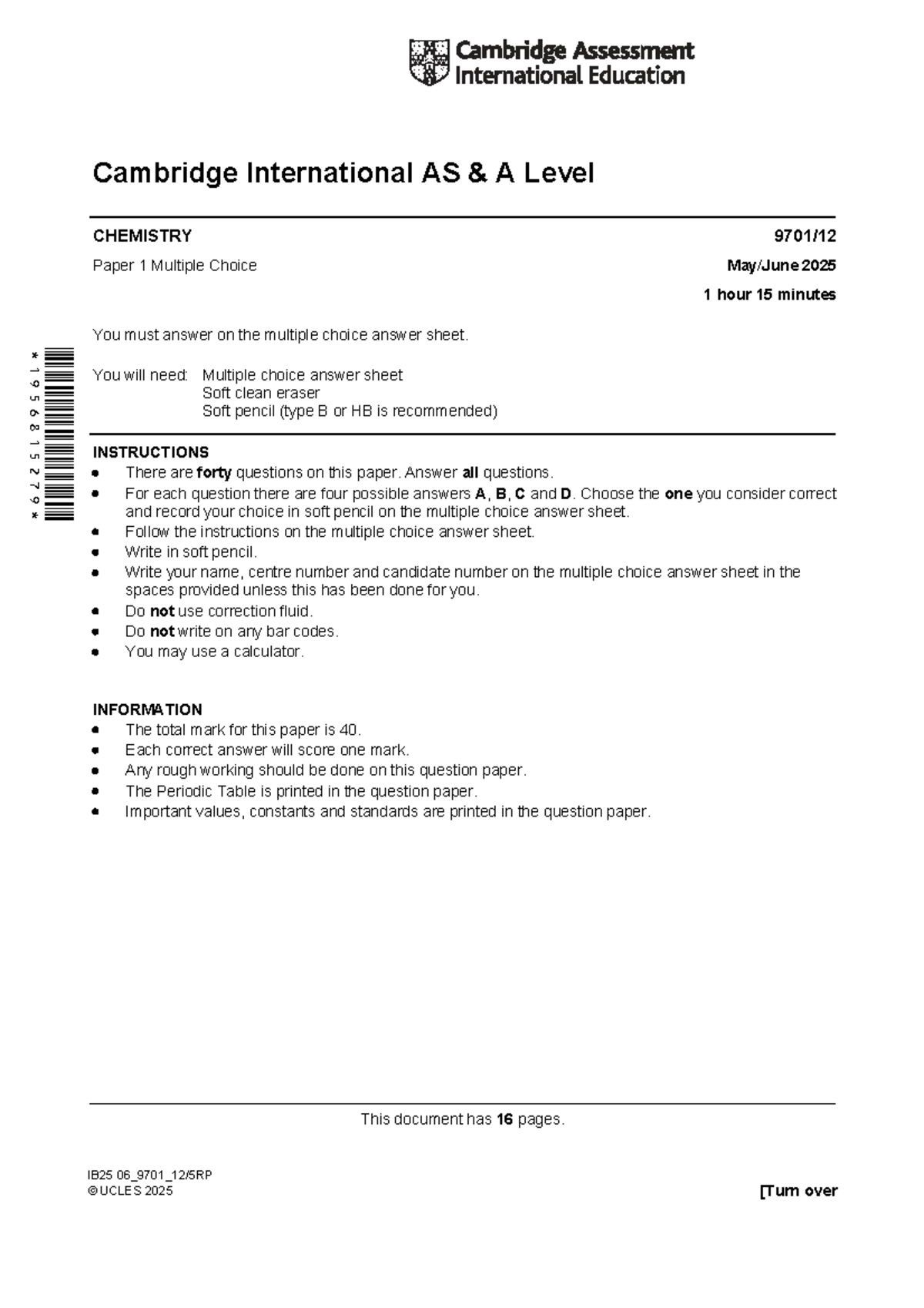 AS A Level CHEMISTRY Paper 1 MCQ Guide (9701/12/2025) - Studocu