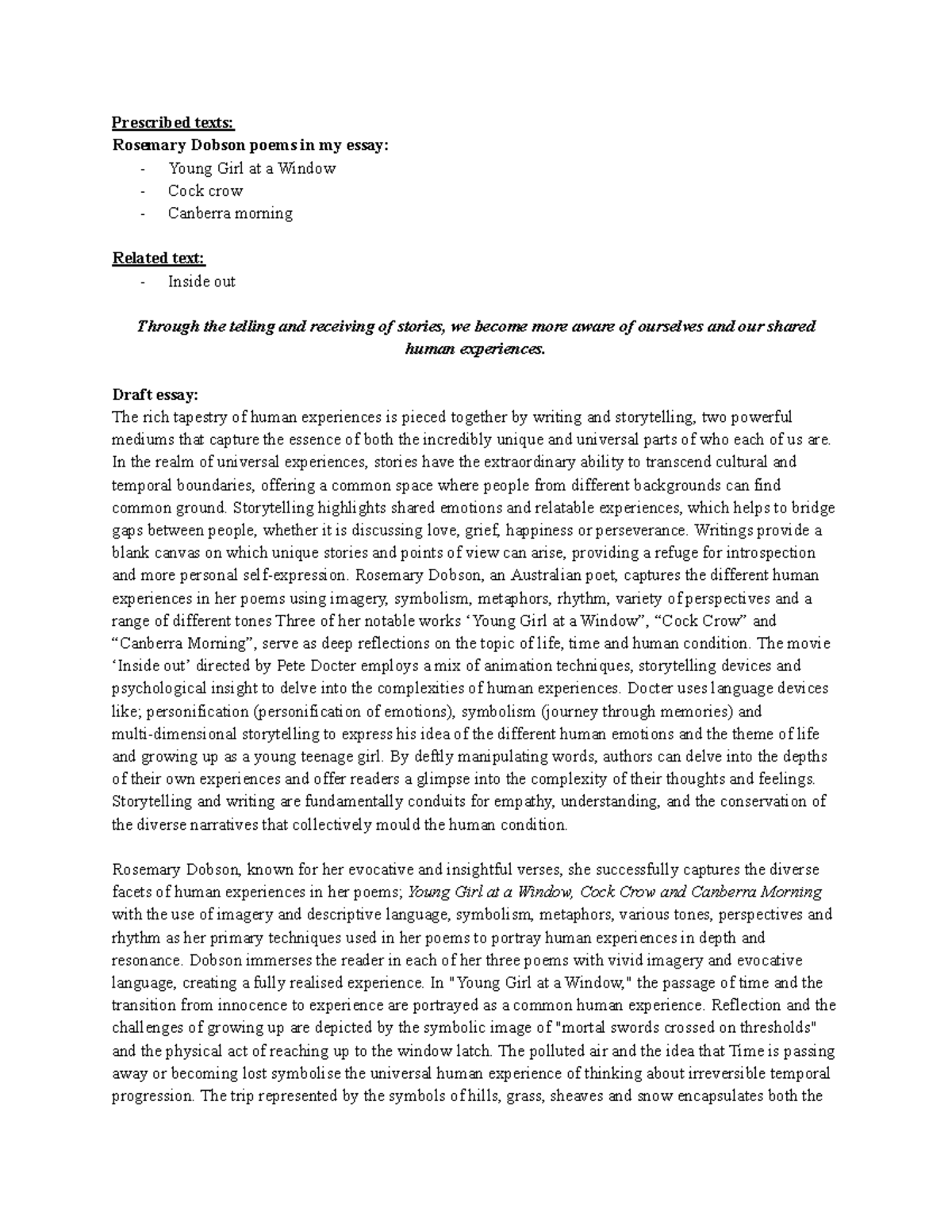 Eng Adv Common Module: Comparing Rosemary Dobson's Poems with "Inside ...