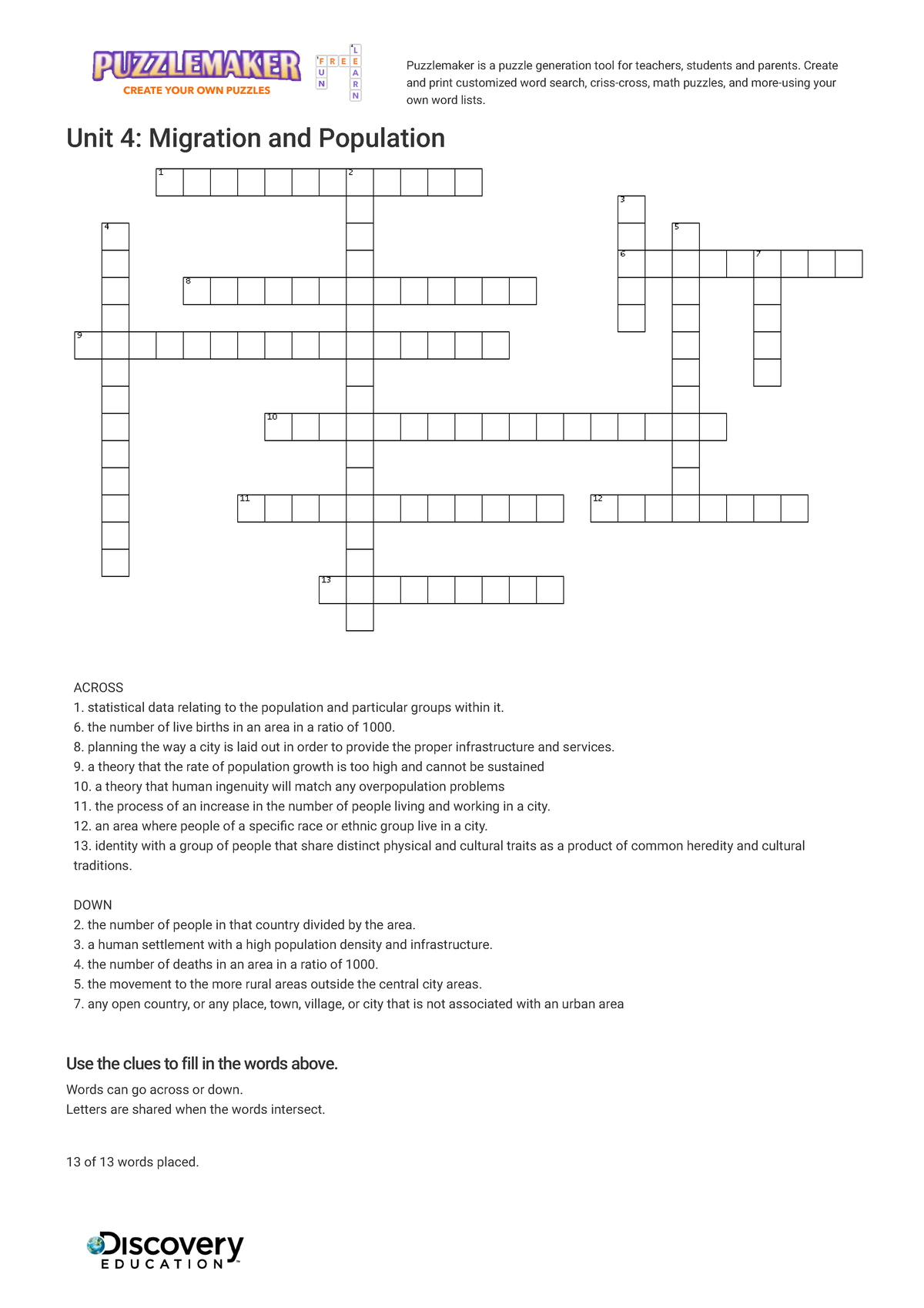 Migration and Population Crossworld Puzzle - Puzzlemaker is a puzzle ...