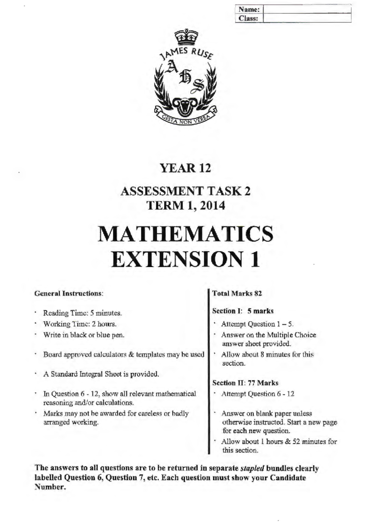 JRAHS 2014 Year 12 Mathematics Extension 1 Assessment Task 2 Solutions ...