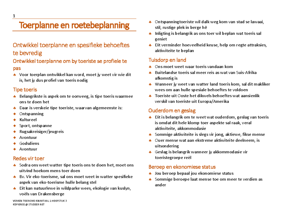 Hoofstuk 3: Toerisme Notas vir Gr 12 - Roetebeplanning en Behoeftes ...