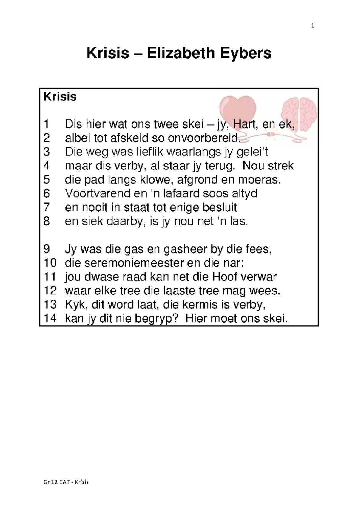 AR 101 - Finaal - Analise van "Krisis" deur Elizabeth Eybers - Studocu