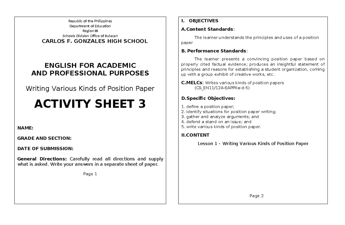 EAPP Activity Sheet 3: Writing Position Papers - Studocu