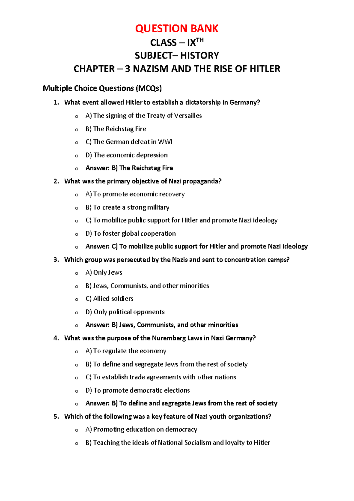 Class IX History Question Bank: Chapter 3 - Nazism & Hitler's Rise ...