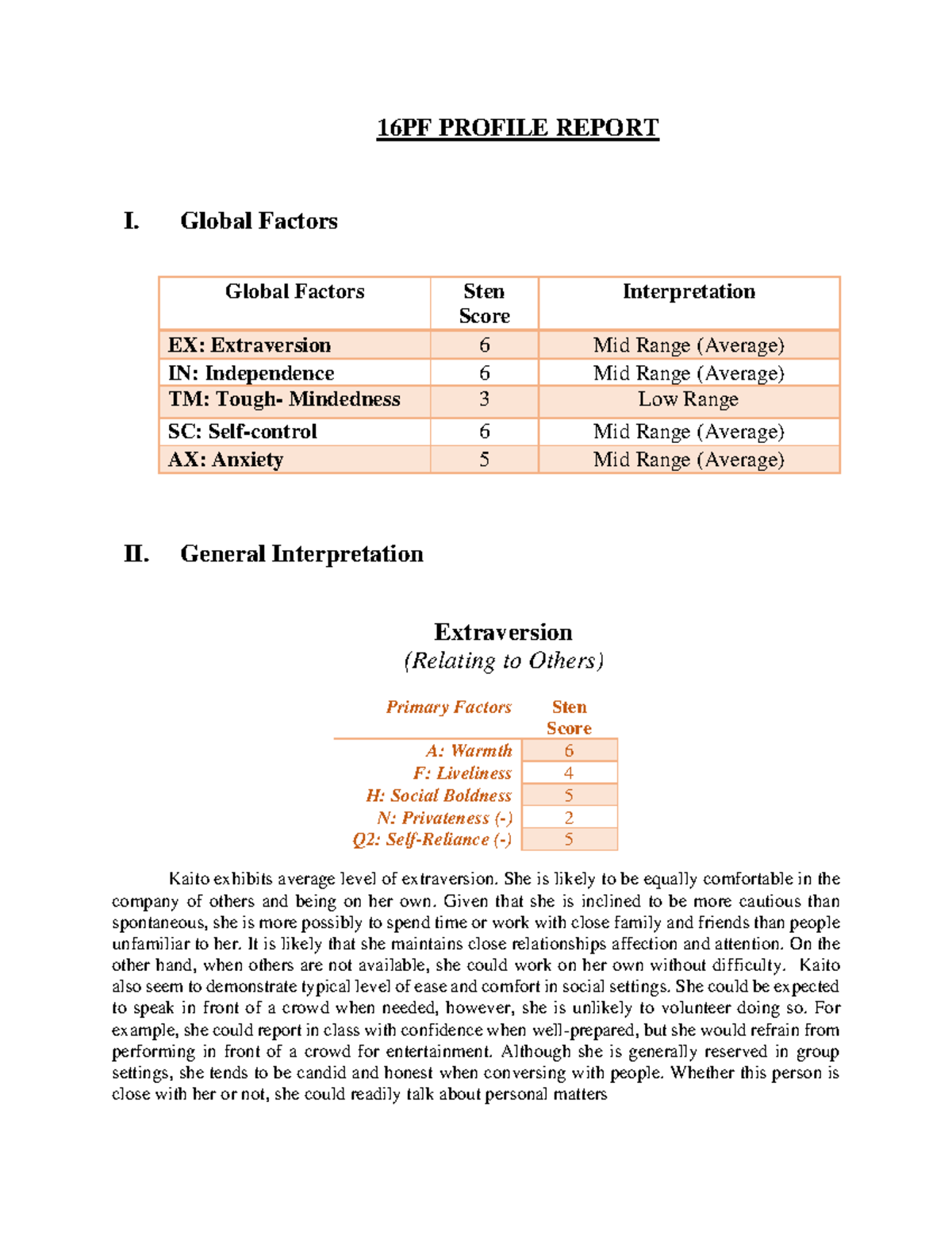 16PF- Sample - 16PF PROFILE REPORT I. Global Factors Global Factors ...