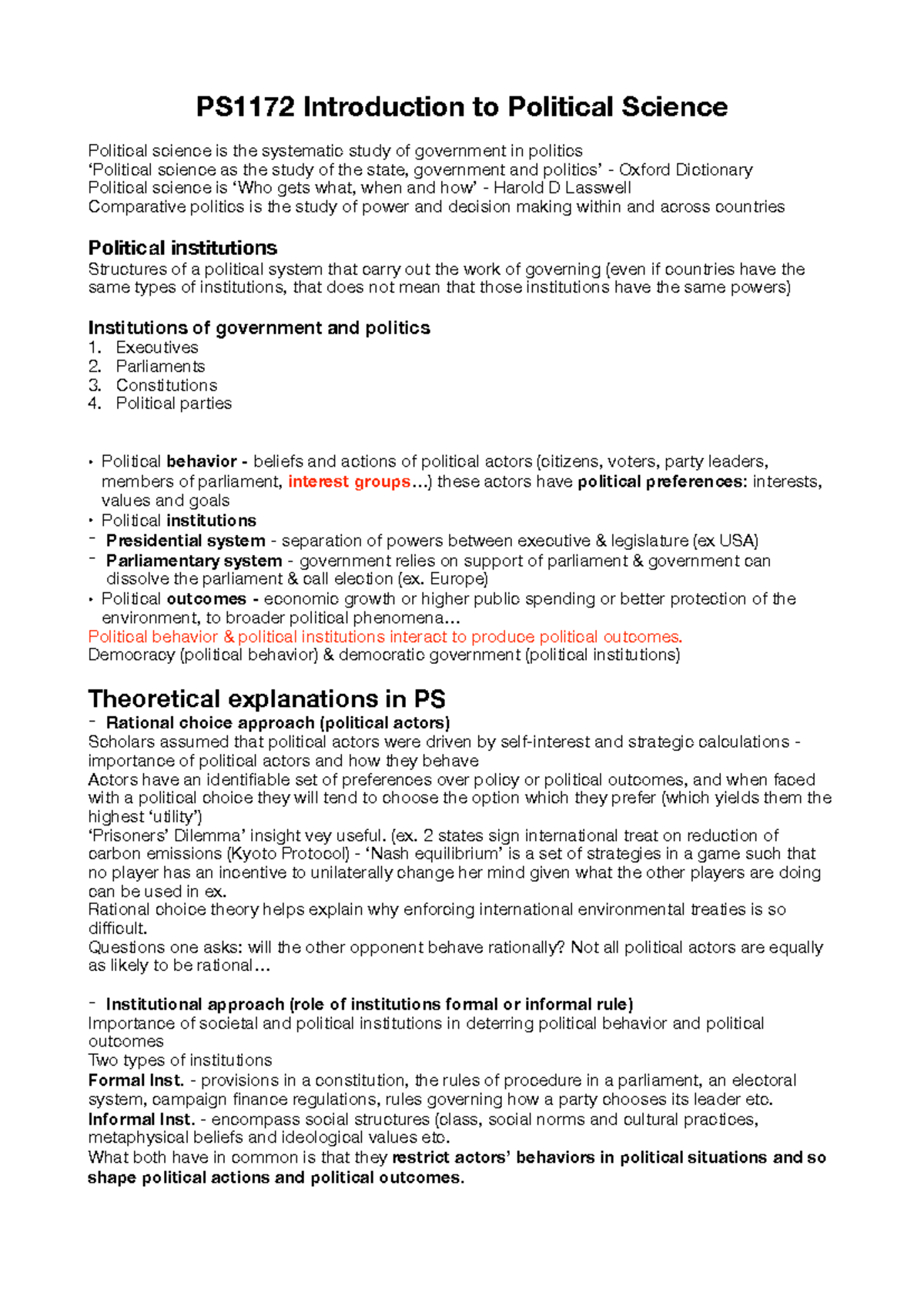 PS1172 Political Science Lecture Notes: Key Concepts and Theories - Studocu