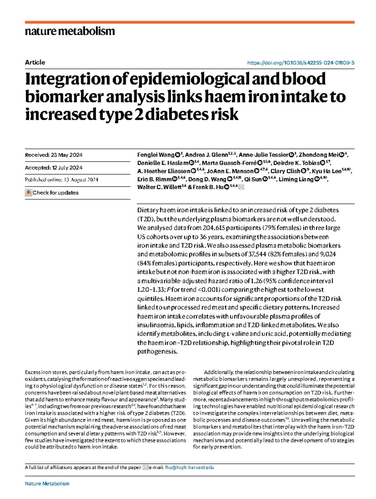 Integration of Epidemiological and Metabolomic Data on Haem Iron Intake ...