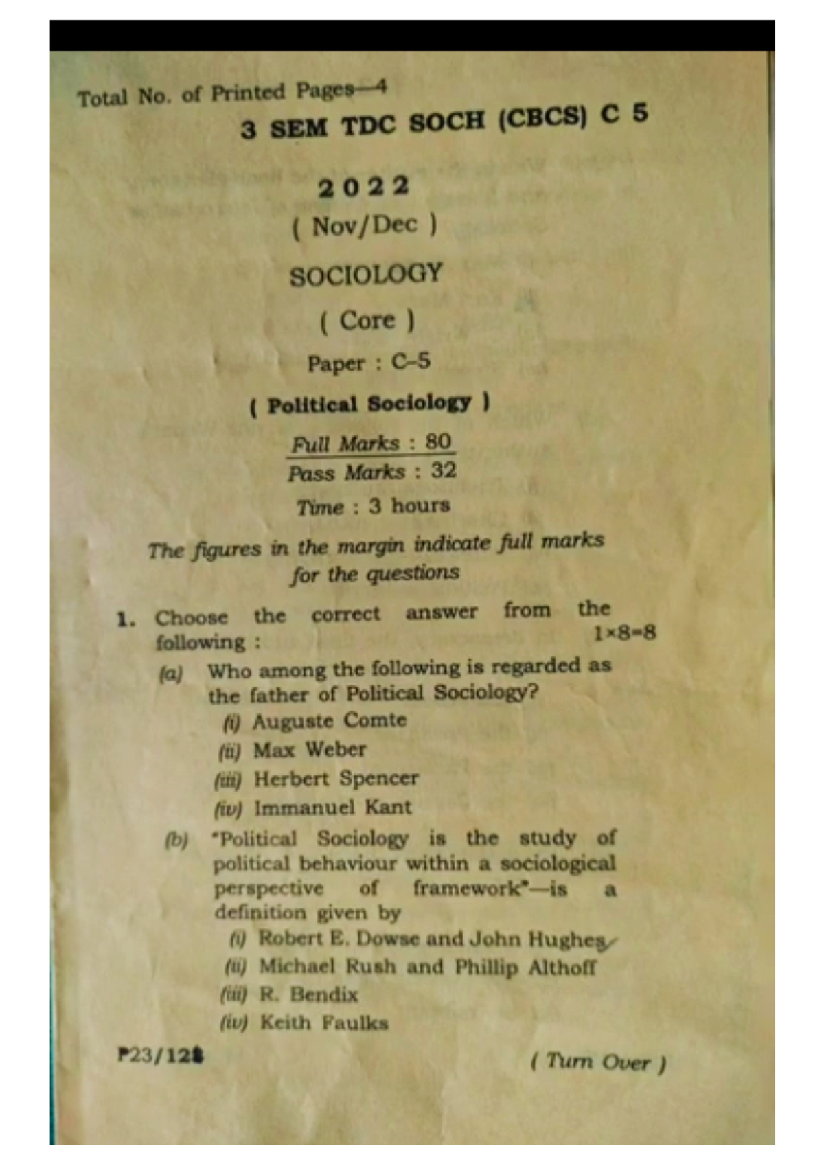 Political Sociology 2022: TDC SOCH (CBCS) C 5 Exam Paper - Studocu