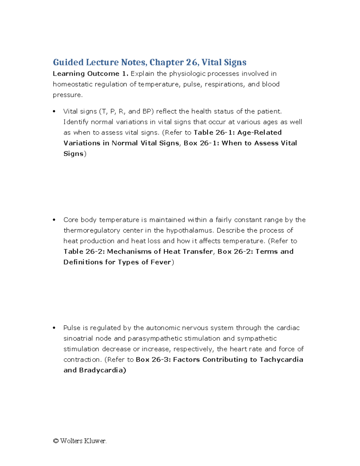 Chapter 26 Vital Signs Lecture Guide: Homeostasis & Assessment - Studocu