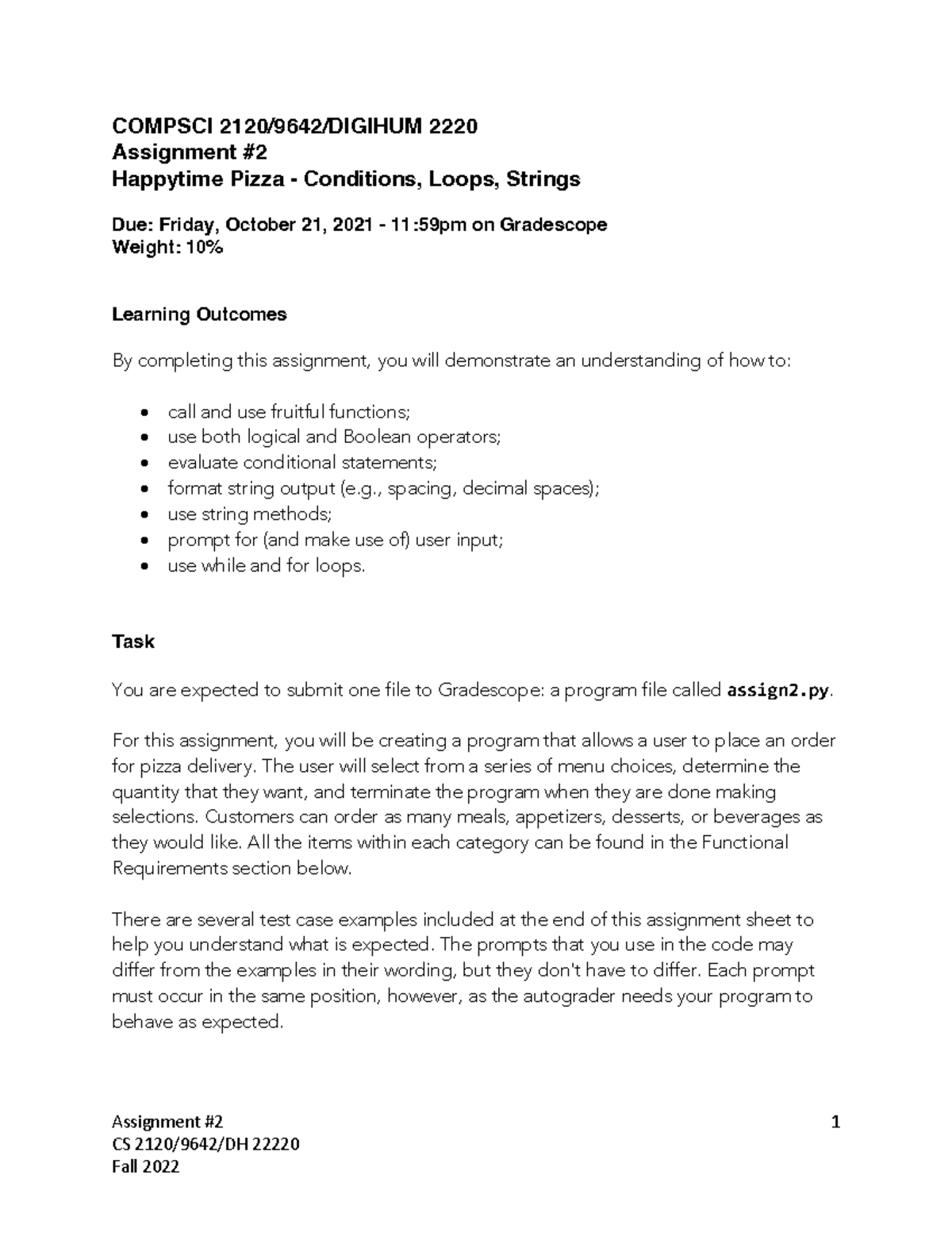 CS 2120/9642 - Assignment 2: Happytime Pizza Programming Task - Studocu