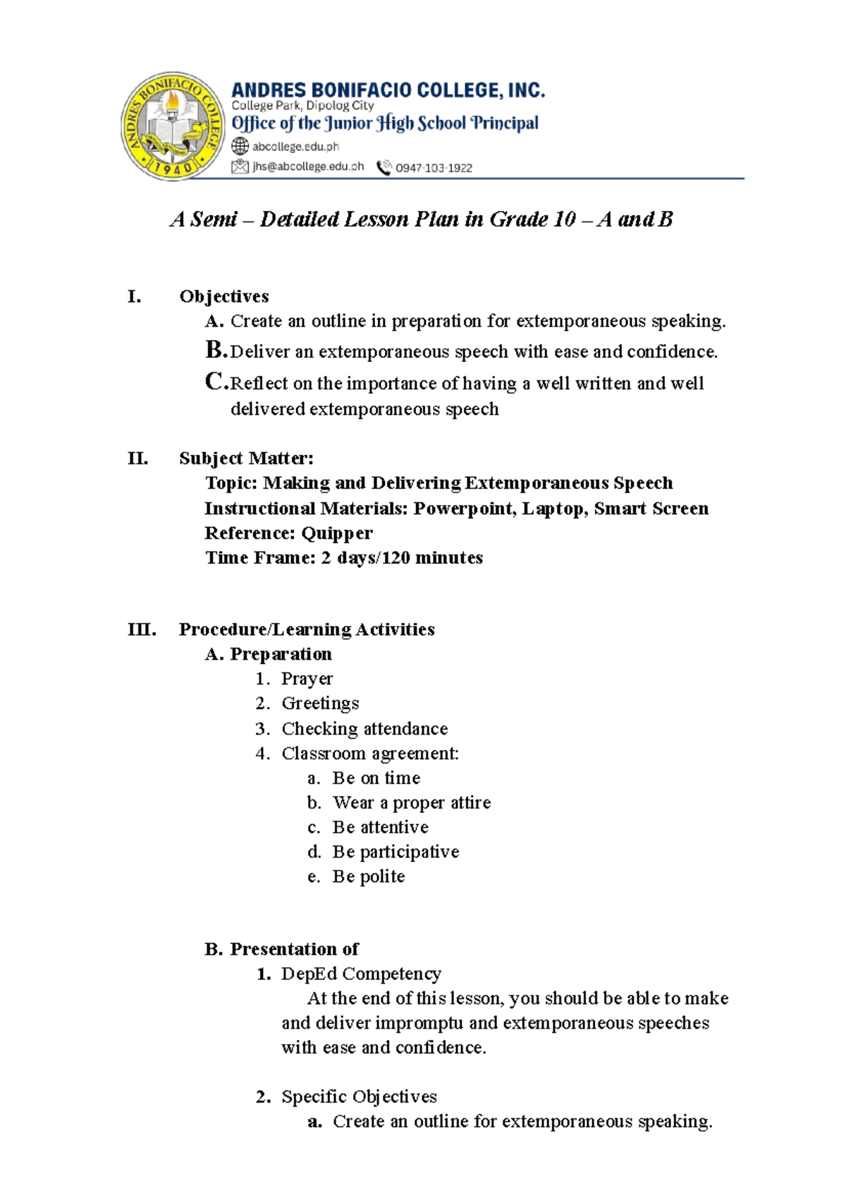 Making and delivering extemporaneous speech - A Semi – Detailed Lesson ...